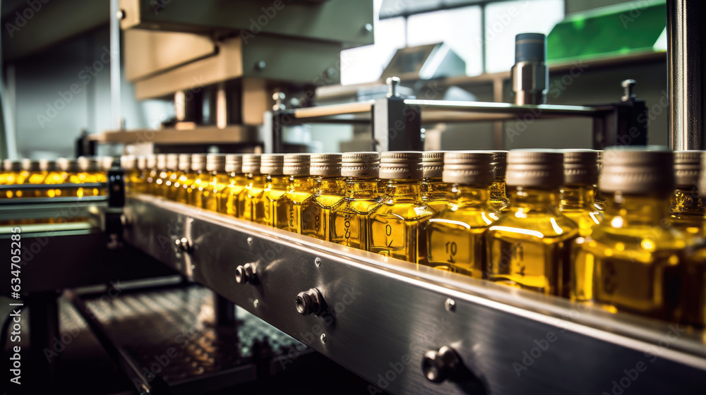 Cooking oil-filled bottles moving gracefully along a conveyor belt in a ...