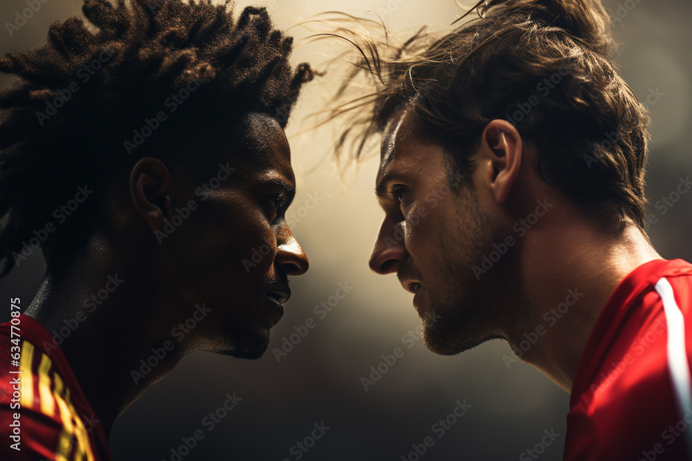 Soccer players stand face to face at the soccer field during night time ...