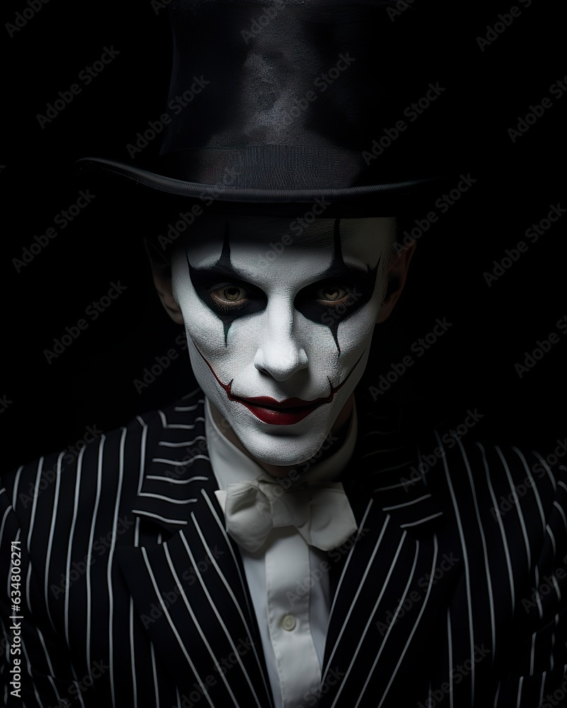 Creepy male figure, haunting mime in black and white exuding a strange ...