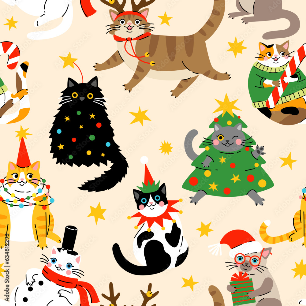Seamless pattern with Cute cartoon fat cats wearing different Christmas ...