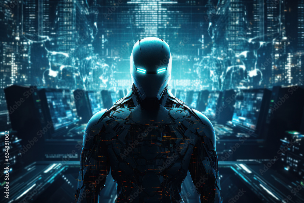 Futuristic Cyber Security AI Agent Robot Cyborg with Holographic Blue ...