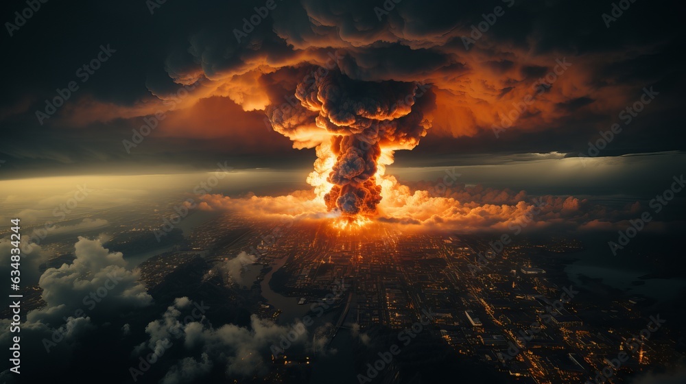 Nuclear explosion day or night. Stormy sky, shock wave against the ...