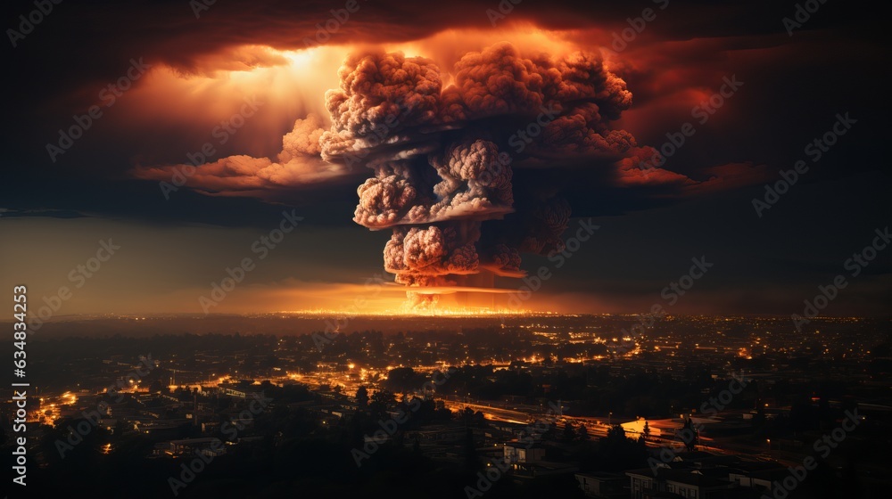 Nuclear explosion day or night. Stormy sky, shock wave against the ...