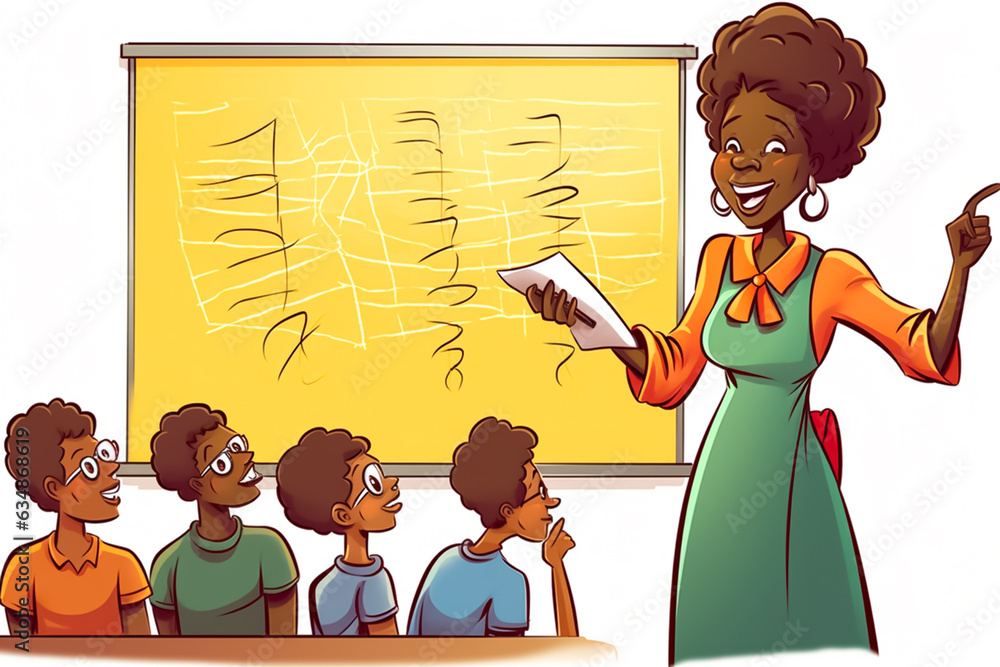 Cartoon illustration of a happy African female teacher, next to the ...