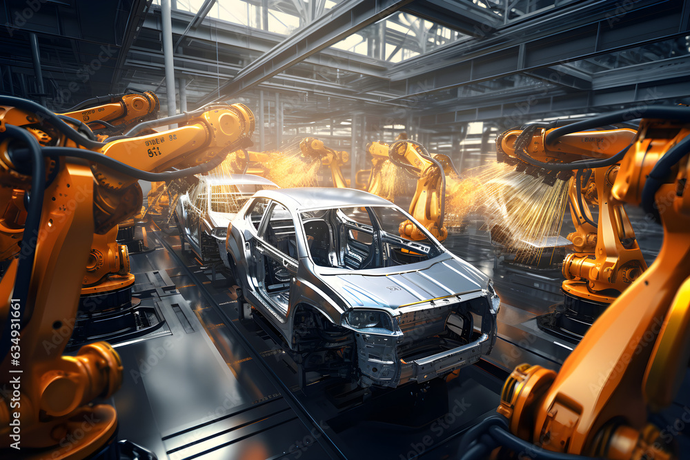 Car Factory 3D Concept: Automated Robot Arm Assembly Line Manufacturing ...