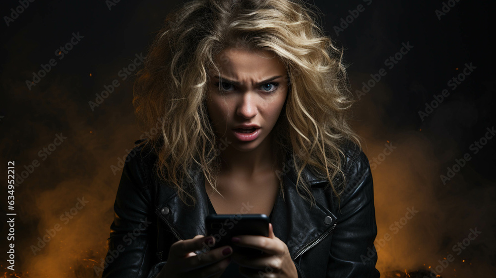 An enraged woman, clutching a cell phone in her hand, is captured in ...