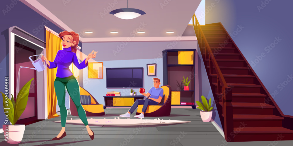 House living room interior with stairs and couple cartoon vector ...