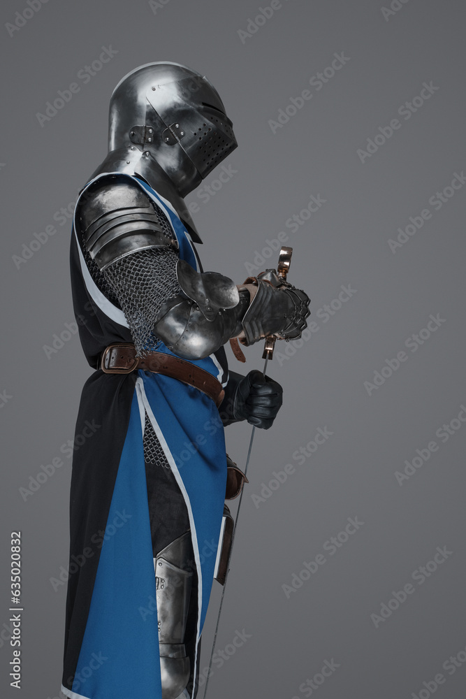 Medieval guard dressed in armor and blue surcoat holding a sword ...