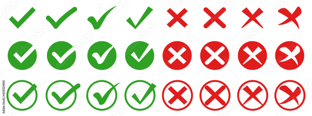Vector green checkmark and red cross mark. checklist yes or no signs, approval or rejected ...