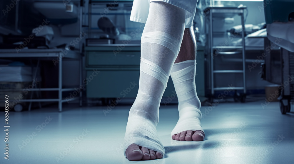 Generative AI, broken leg in plaster, white bandages, limb fracture ...