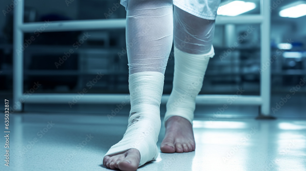 Generative AI, broken leg in plaster, white bandages, limb fracture ...