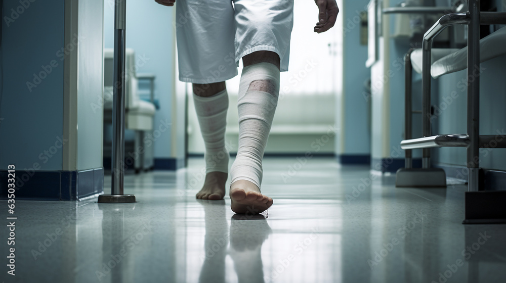 Generative AI, broken leg in plaster, white bandages, limb fracture ...