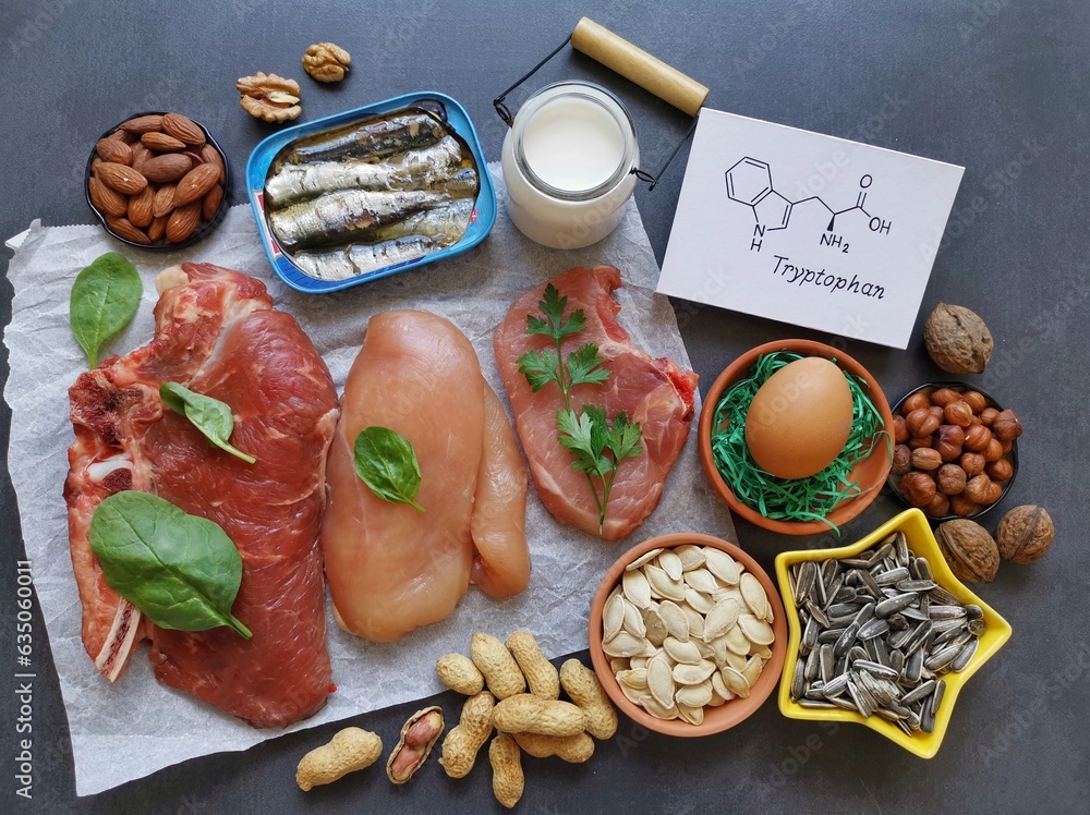 Tryptophan rich foods with structural chemical formula of essential amino acid tryptophan ...