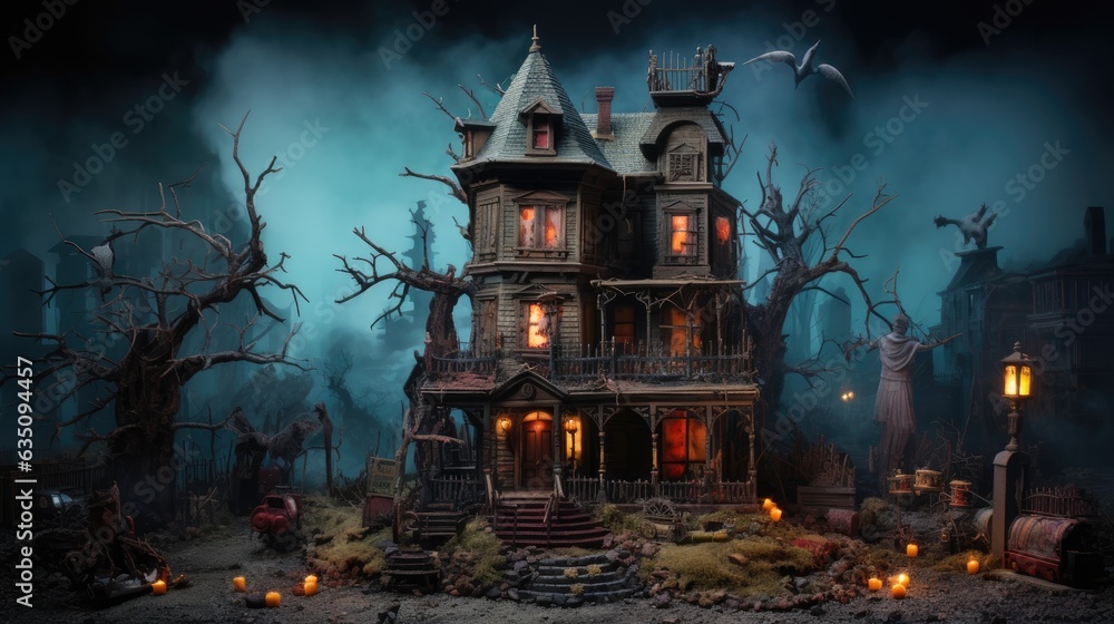 Miniature haunted house diorama with spooky details. Halloween concept ...