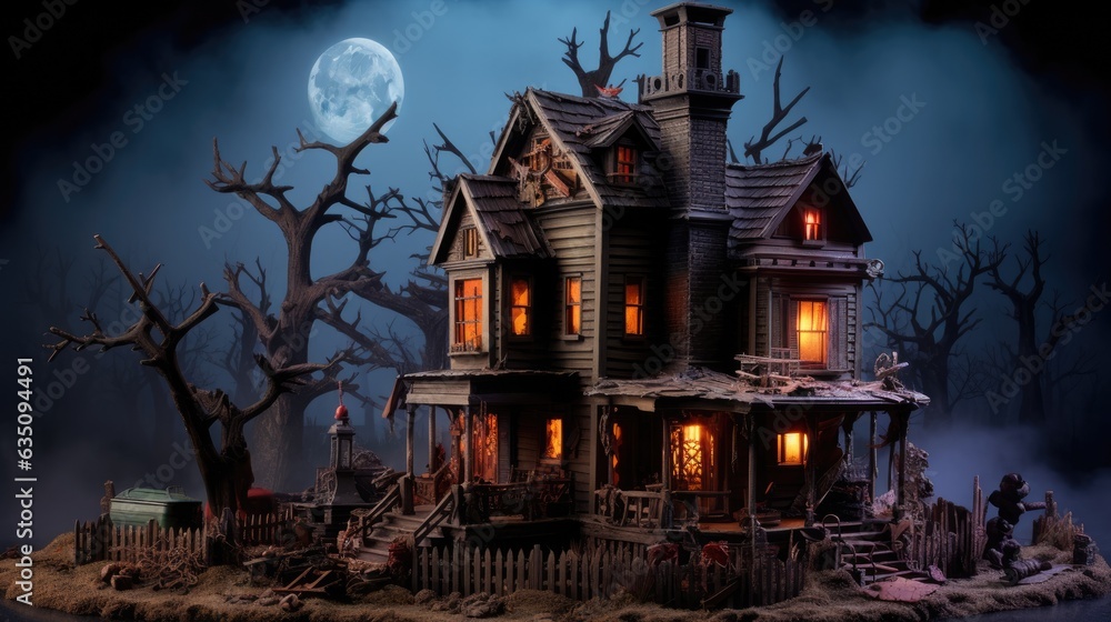 Miniature haunted house diorama with spooky details. Halloween concept ...