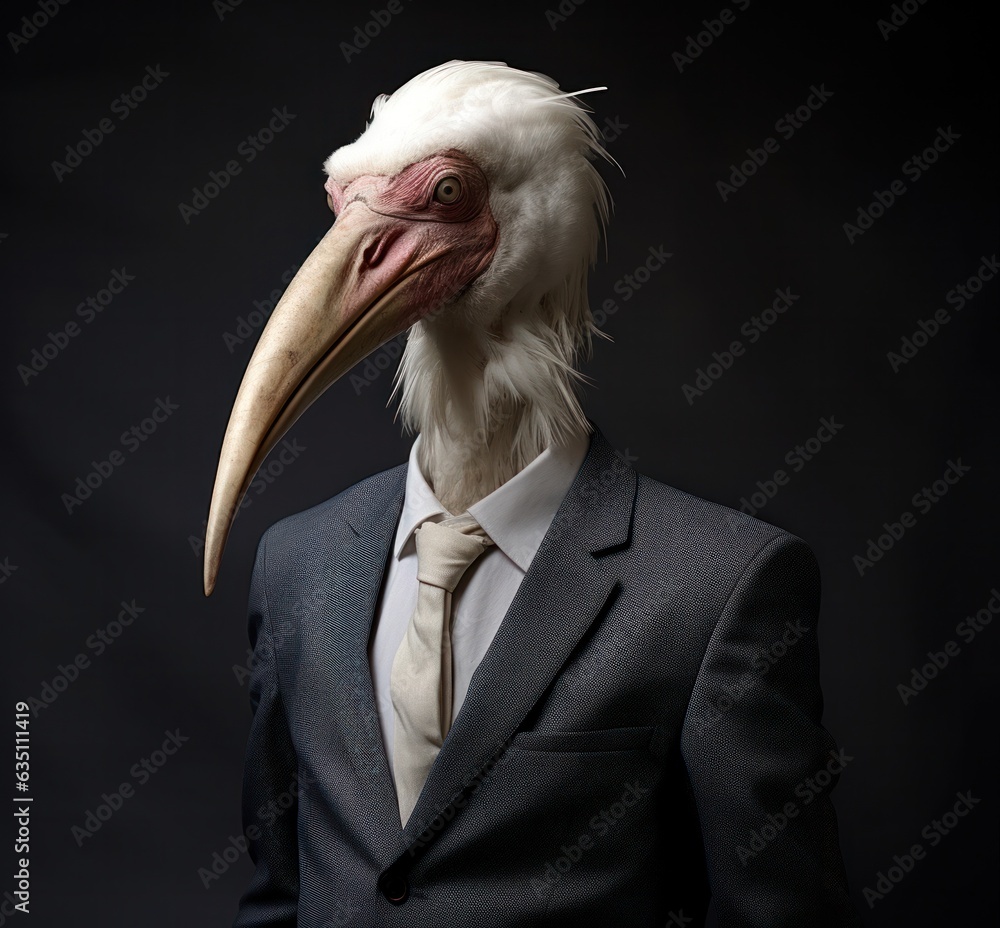 A person stands tall in a sharp suit, their head replaced by a majestic ...