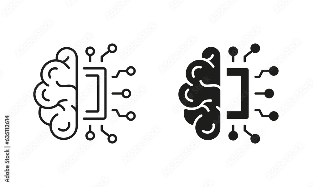AI Innovation Concept Line and Silhouette Icon Set. Human Brain ...