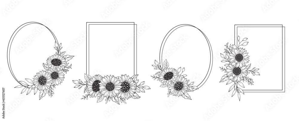 Sunflower Frames Line Art, Fine Line Sunflower Frames Hand Drawn ...