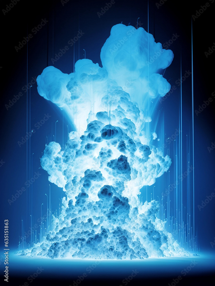 Smoke of volcano eruption or atomic cloud explosion with blue neon ...