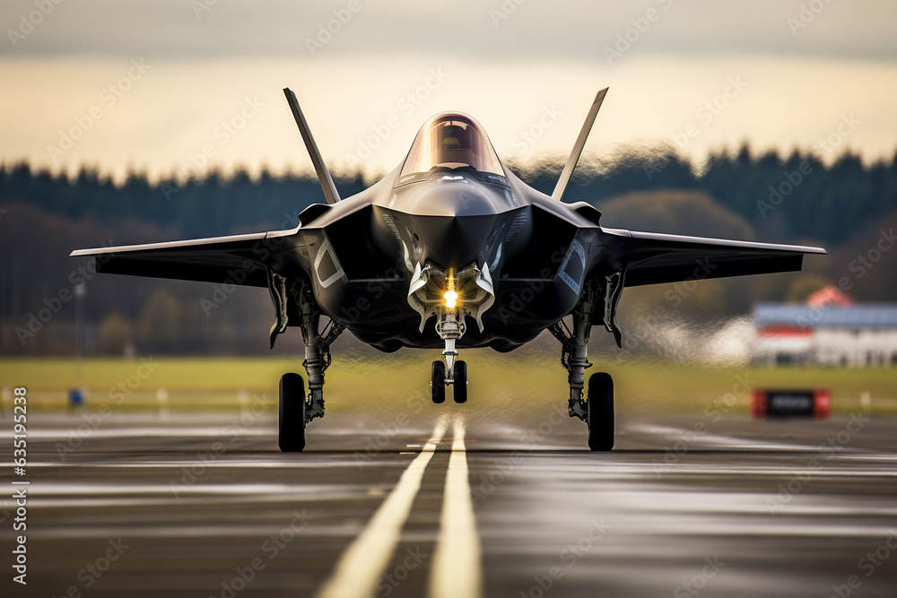 Military aircraft fighter maneuvers on the runway, on the airfield of ...