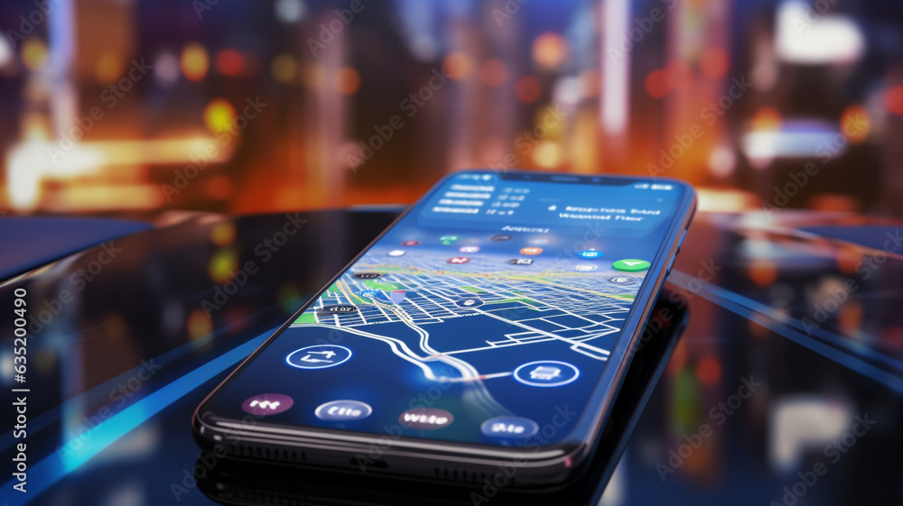 Smartphone navigator with the image of a map of the city lies on the ...