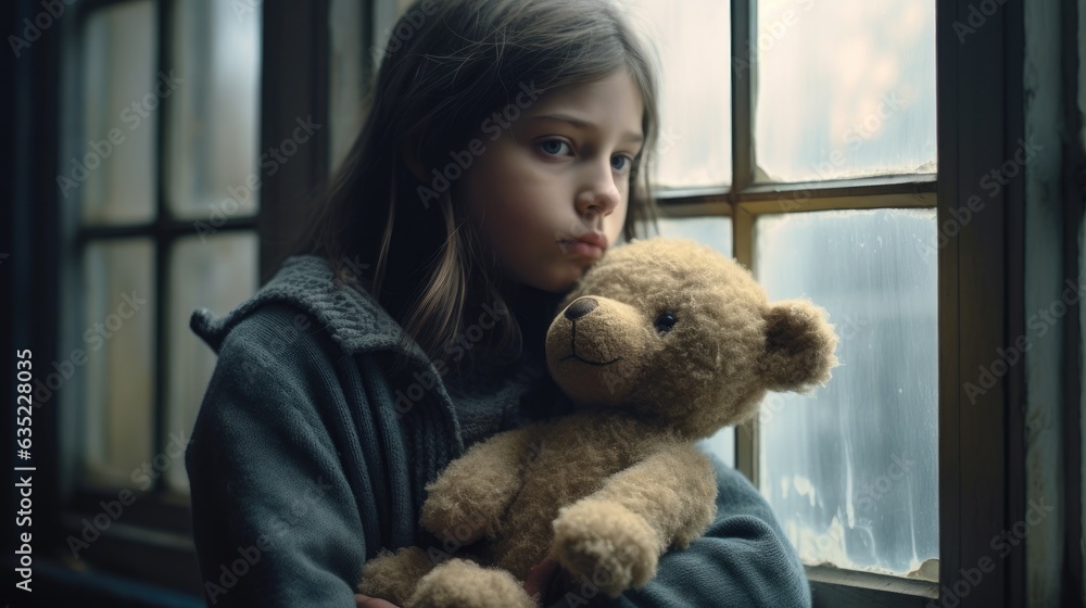 Sad looking orphan girl by the window holding a teddy bear Stock Photo ...