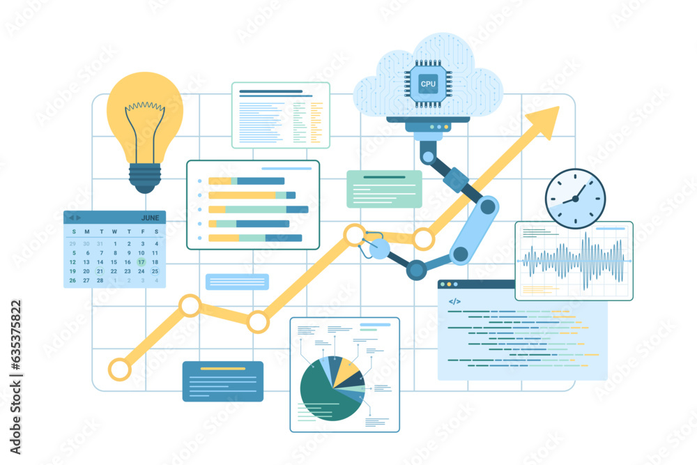 Financial growth and automation vector illustration. Cartoon futuristic ...