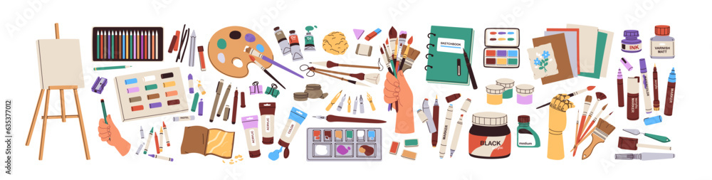 Art supplies, tools set. Paints palettes, brushes, pencil kit, pen ...