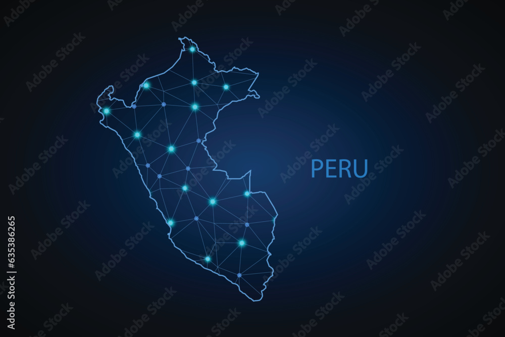 Map of Peru. Wire frame 3D mesh polygonal network line, design sphere ...