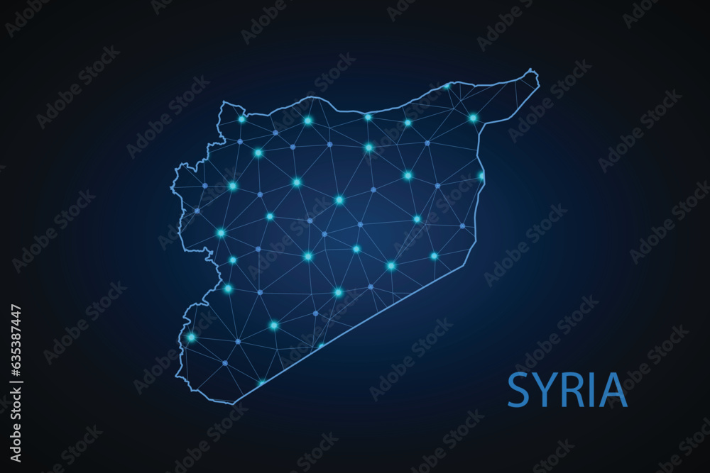 Map of Syria. Wire frame 3D mesh polygonal network line, design sphere, dot and structure ...
