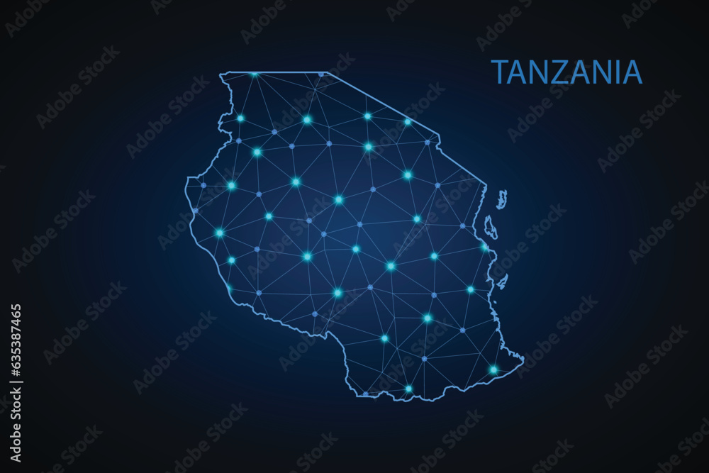 Map of Tanzania. Wire frame 3D mesh polygonal network line, design ...