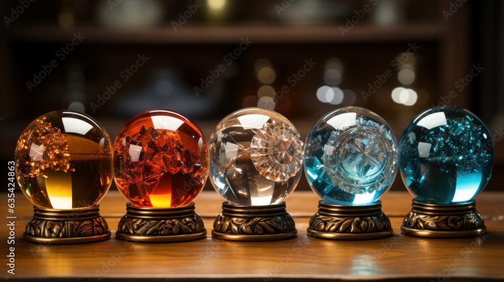 Seven orbs made from different types of crystal, each with a unique ...