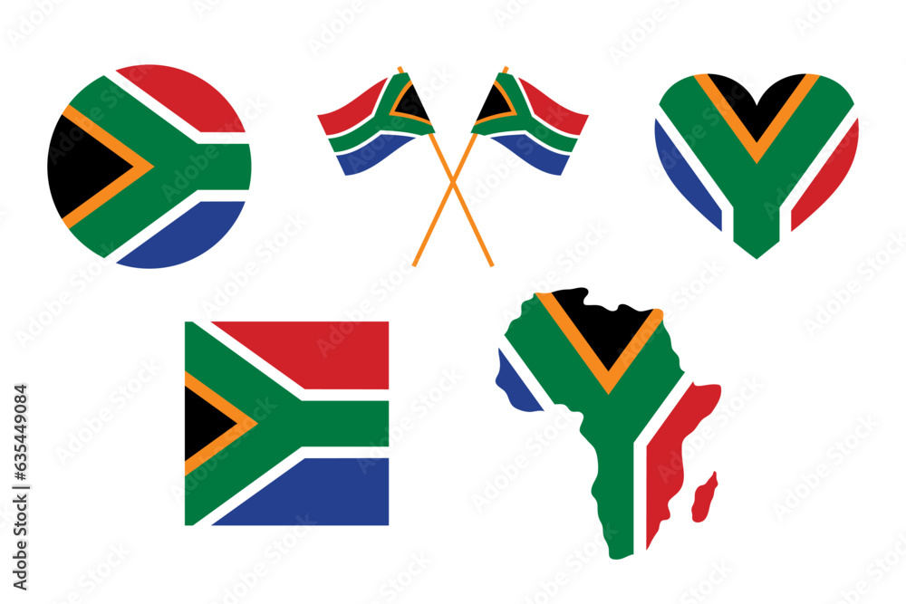 South Africa flag signs set, crossed flags, heart shape decorative ...