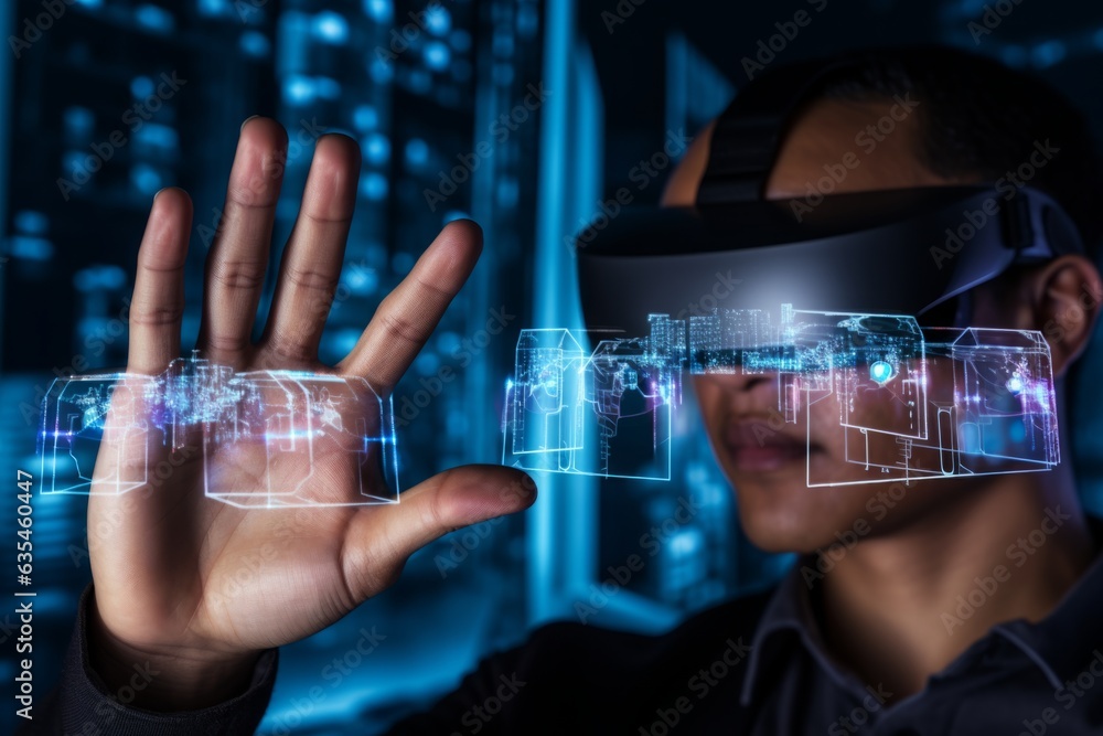Stock-Foto „User's hands interacting with a futuristic, technological ...