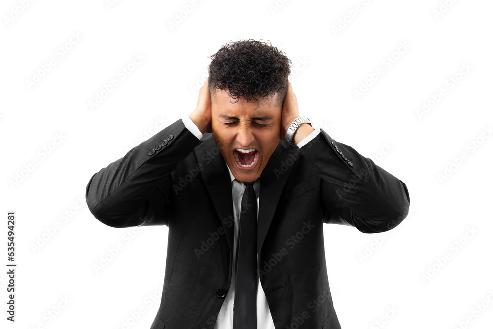 Angry man using business suit over white background a with hands on ...
