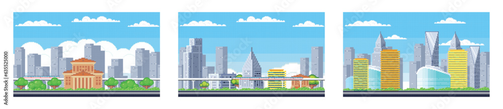 Pixel art landscape. Urban street view, 8 bit city park road, with ... Pixel art landscape. Urban street view, 8 bit city park road, with ...