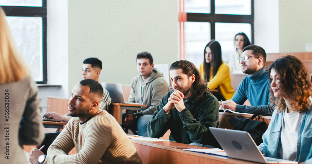 Back view on female professor at University lection talking and ...