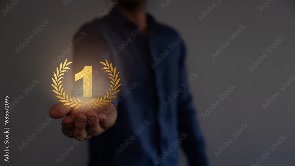 Business man hold a trophy showing success until receiving the award ...