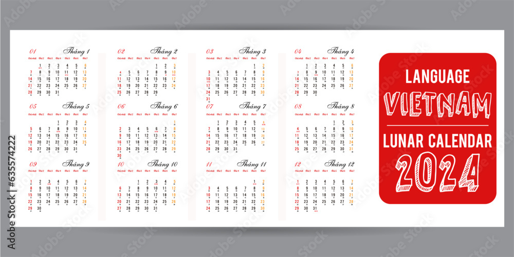 Chinese calendar planner template for 2024 Year. Set of 12 Months. Week ...