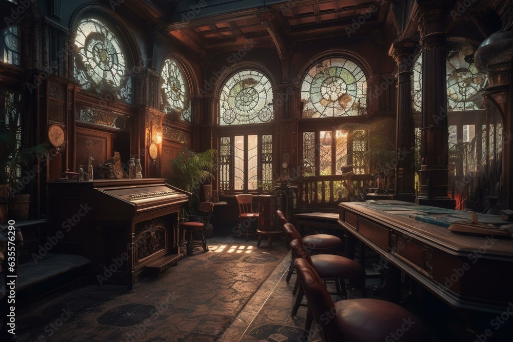 Retro fantasy hall in a Victorian house with steampunk-inspired ...