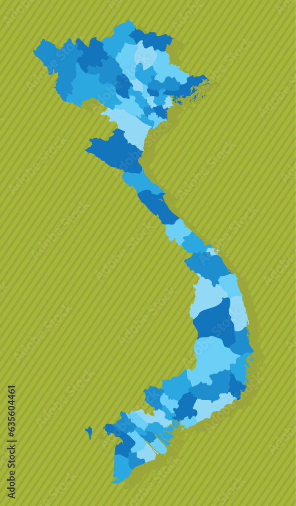 Vietnam map with border of the regions blue political map green ...