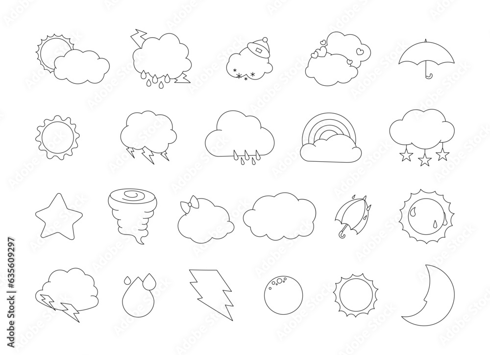 Weather forecast drawing. Coloring Page. Set of vector meteorological ...