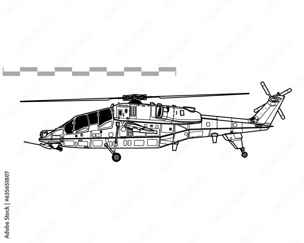 HAL Prachand. Vector drawing of attack helicopter. Side view. Image for ...