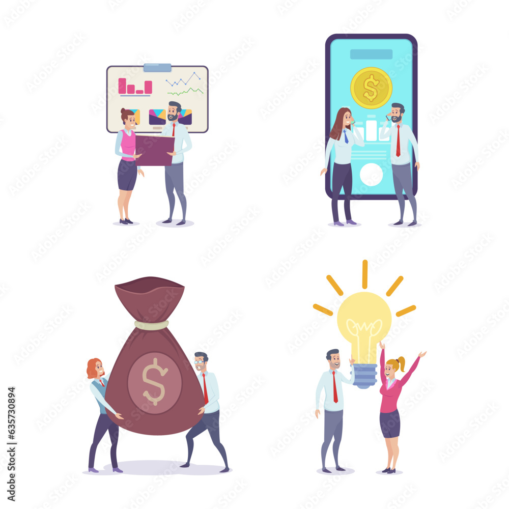 Icons of employees working together vector illustrations set. People ...