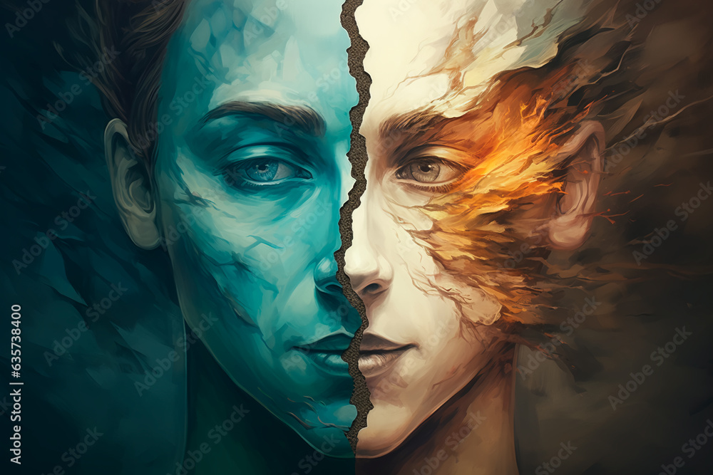 Two different parts of a person's face art. Concept of bipolar disorder ...