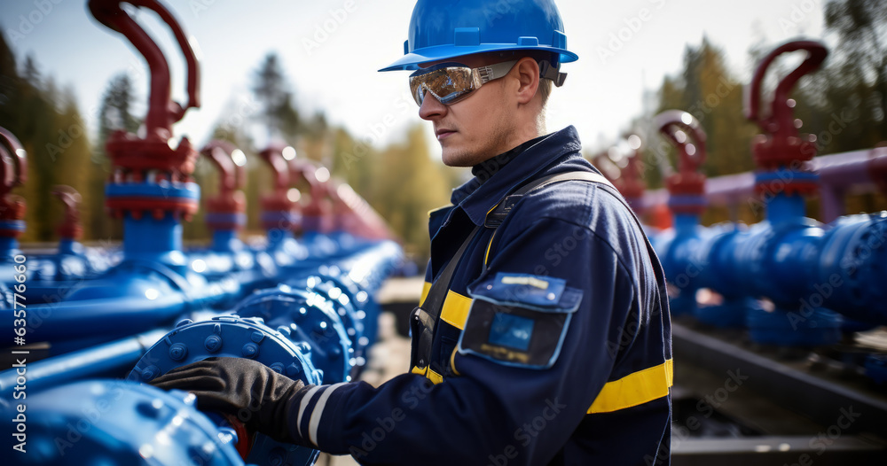 Male worker inspection at steel long pipes and pipe elbow in station ...