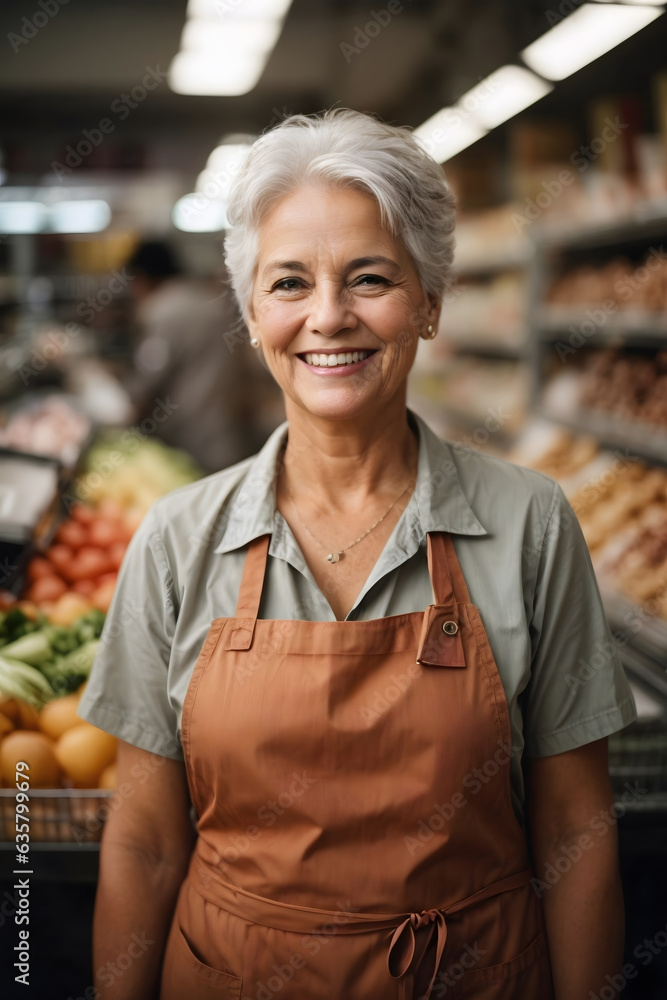 A 60 years old woman store worker smiles. White short hairs. Retail ...