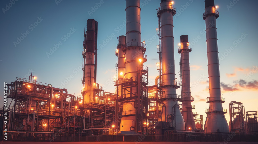 Oil refinery plant for crude oil industry on desert in evening twilight ...