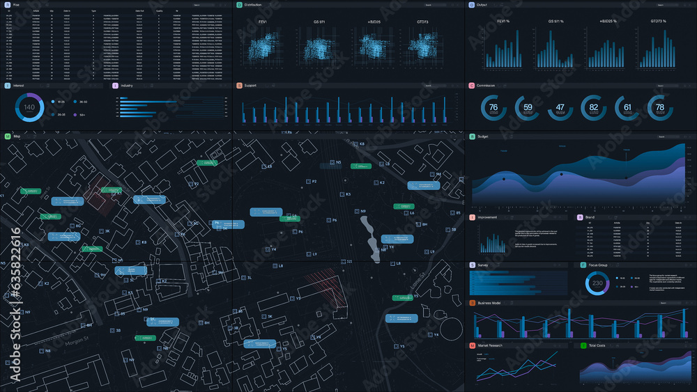 3D Render: Dark Monitoring Software Mockup: City Map Updating In Real ...