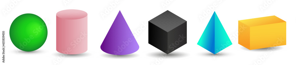 Set of 3d geometric shapes. Isometric views of sphere, cylinder, cone ...